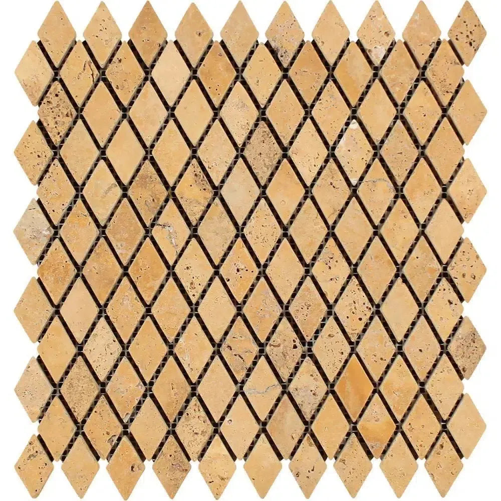 Gold Yellow Travertine 1x2 Diamond Mosaic Tumbled | Surfaces Galore ...