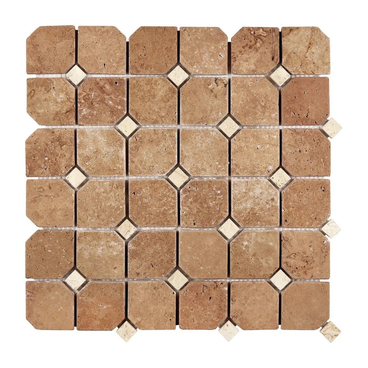 Noce Brown Travertine Octagon Mosaic Tile– SurfacesGalore